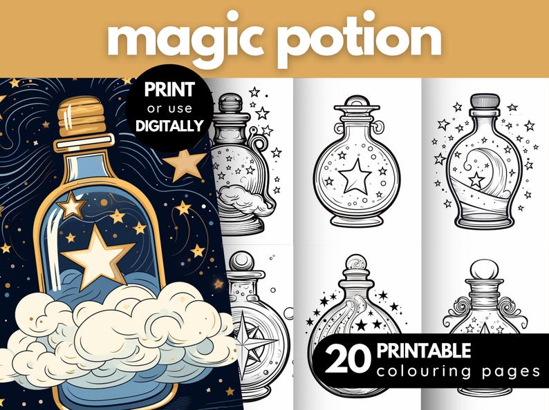 Digital Coloring Pages Simple, Magic Jar Coloring Page, Celestial ...