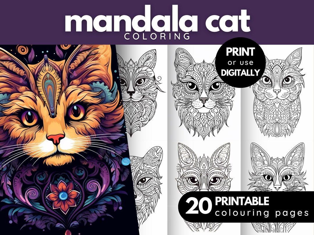 Mandala Cat Coloring, Printable Stress Relief Patterns, Cute Kitten ...
