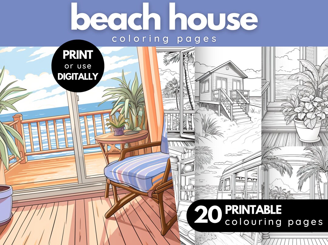 Summer Coloring Pages for Adults, Coastal Beach House Colouring Sheets ...