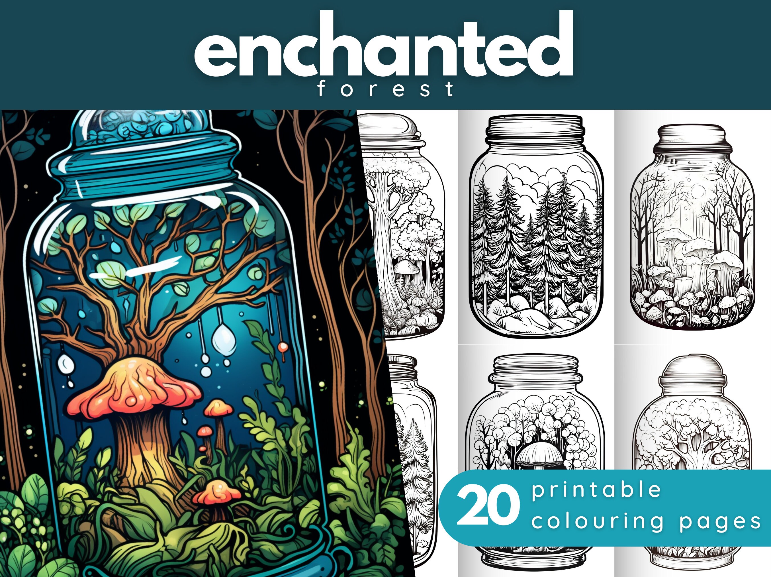 20 Enchanted Forest Jar Coloring Pages, Adult and Kids Colouring Book ...