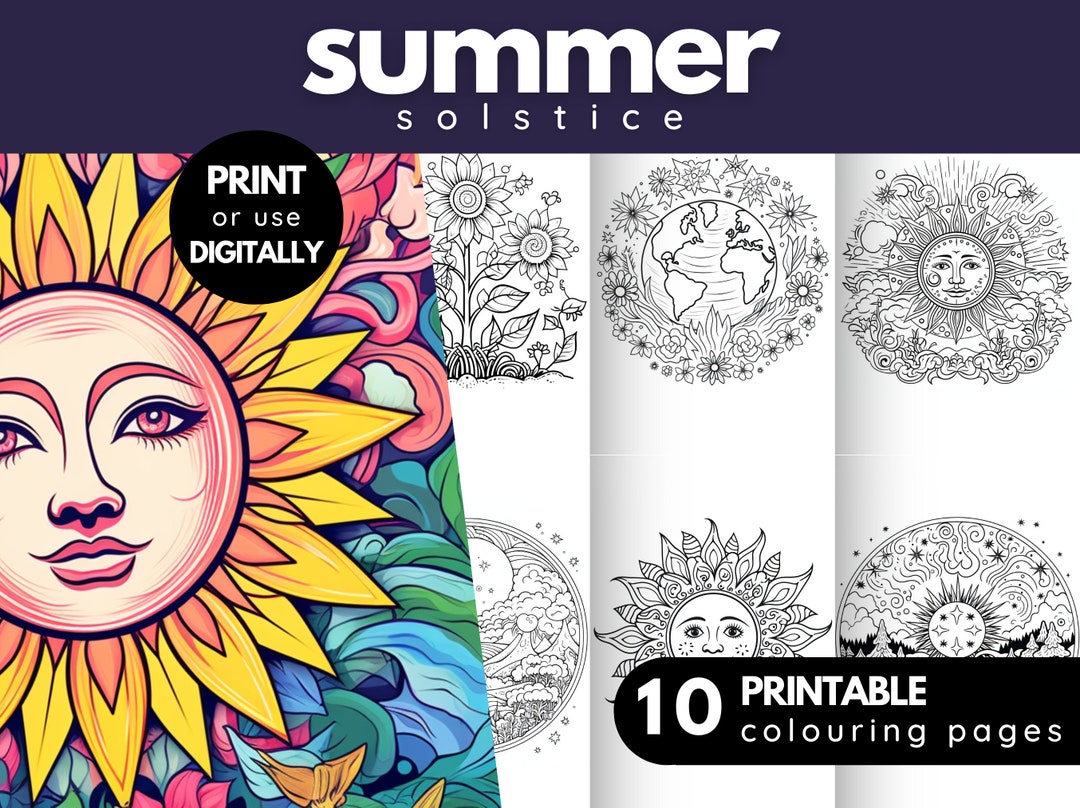 Summer Solstice Coloring Page, Mindfulness Adult Coloring Book, Floral ...
