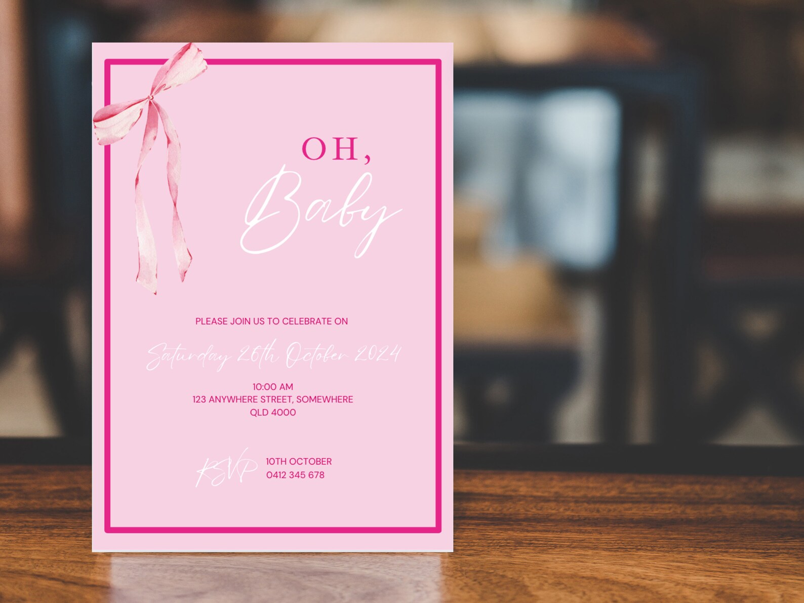 Editable Pink Baby Shower Invitation, Cute Bow Invitation, Baby Shower ...