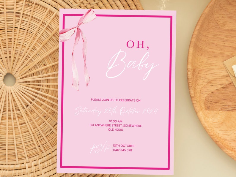 Editable Pink Baby Shower Invitation, Cute Bow Invitation, Baby Shower ...