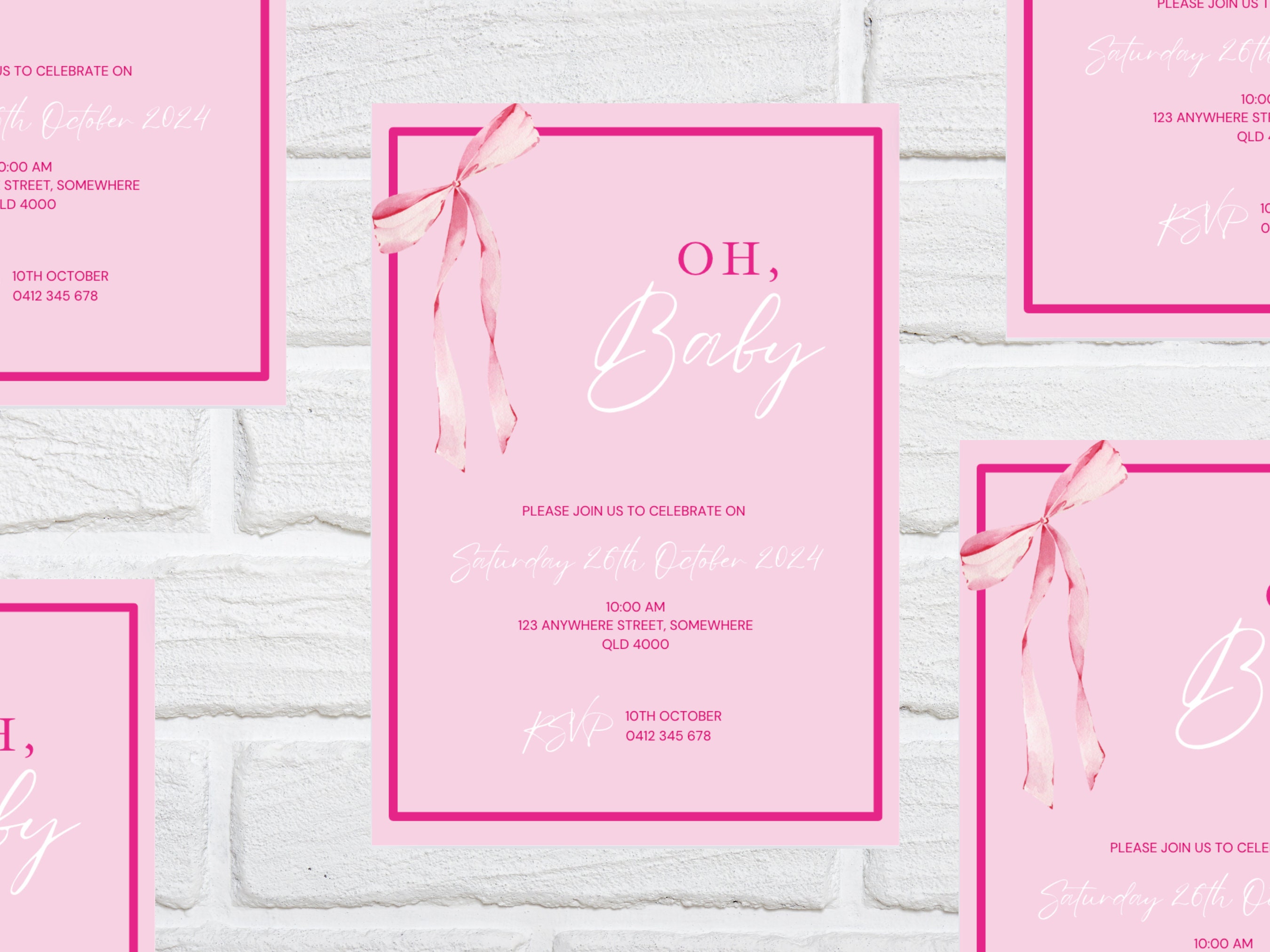 Editable Pink Baby Shower Invitation, Cute Bow Invitation, Baby Shower ...