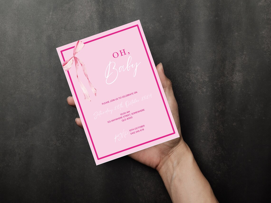 Editable Pink Baby Shower Invitation, Cute Bow Invitation, Baby Shower ...