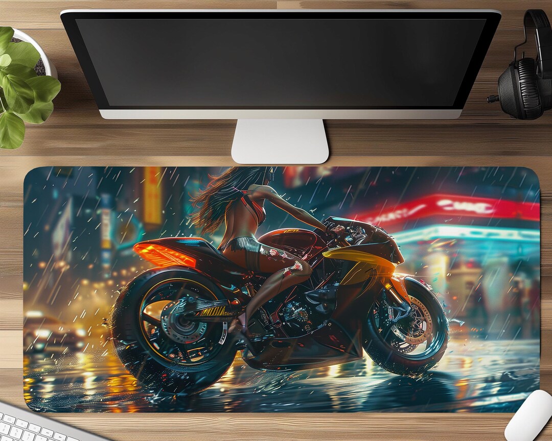 Cyberpunk Motorcycle Girl XL Mouse Pad Custom Futuristic Desk Mat for ...