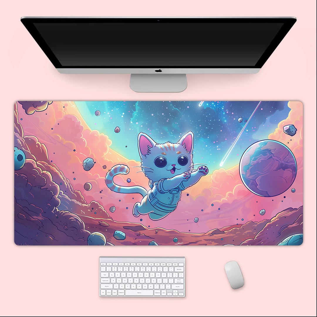 Kawaii Cute Cat Mouse Pad, Pink Blue Cat Desk Mat,fantasy, Space Art ...