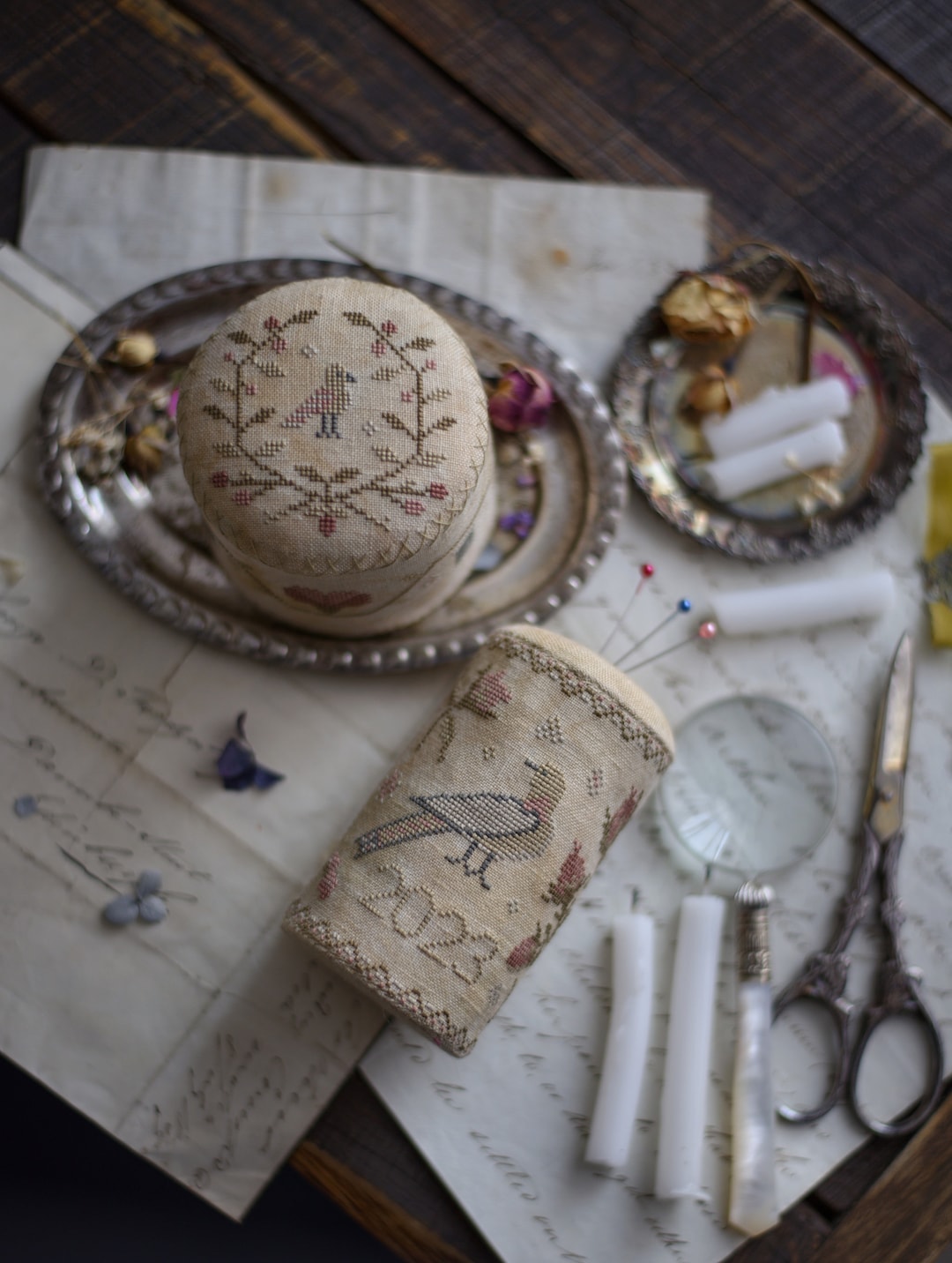 Among the Roses Pinkeep Drum - Counted Primitive Cross Stitch Pattern ...