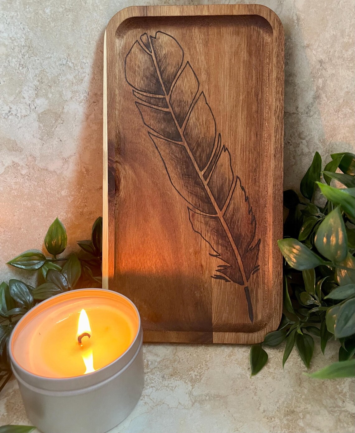 Wood Feather Tray Acacia Wood Pyrography Designed by Hand - Etsy