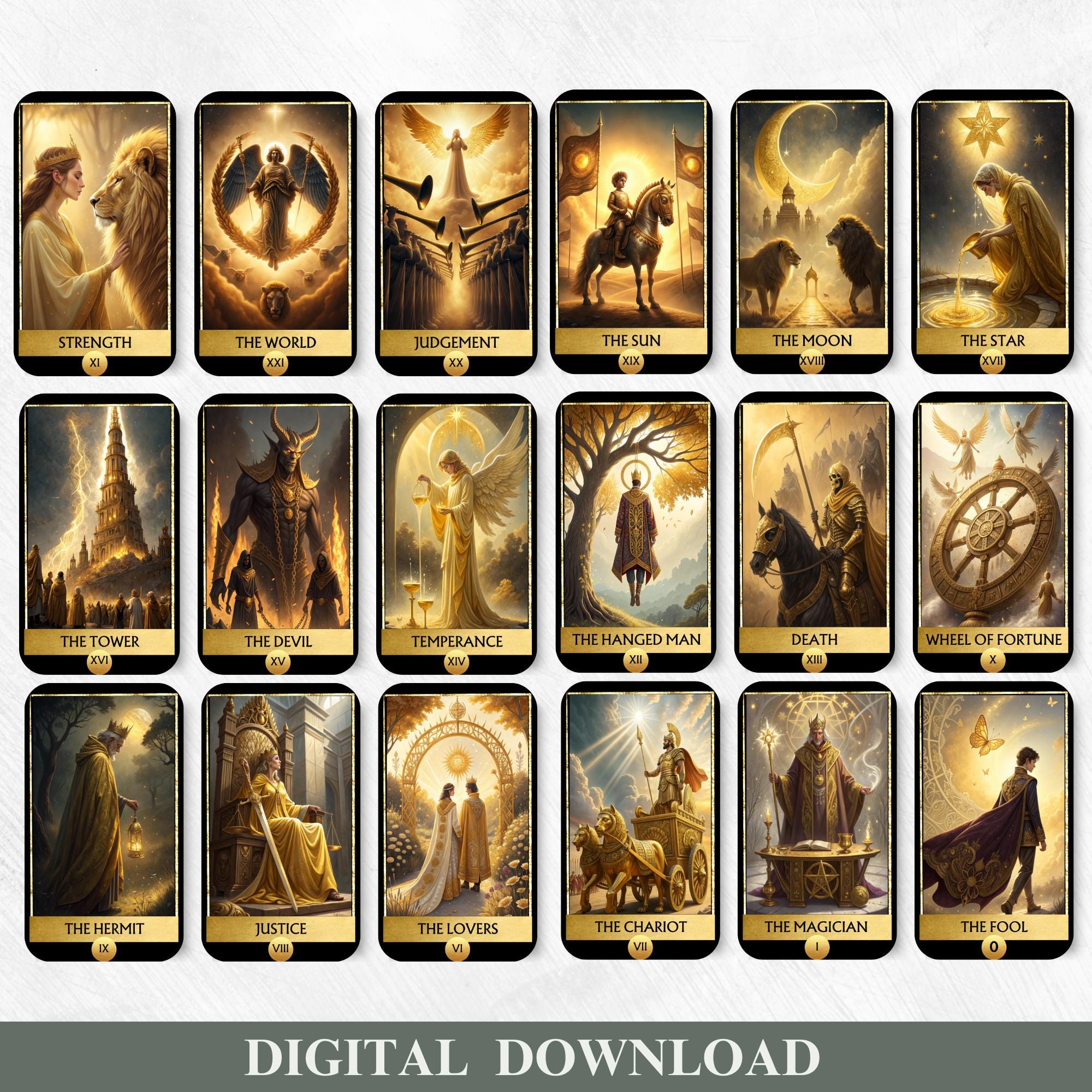 Digital Tarot Deck Printable Tarot Cards 78 Tarot Cards Digital Oracle Cards Gold Tarot Prints ...