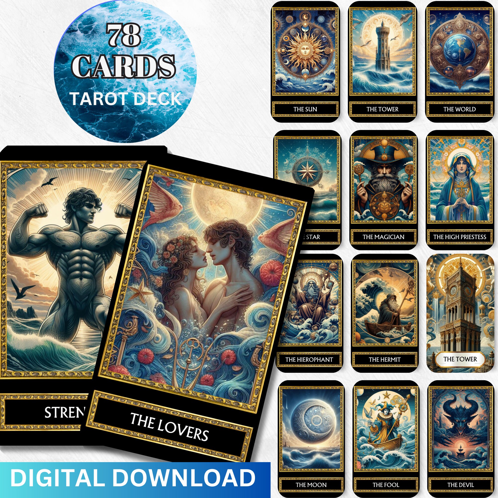Digital Ocean Tarot Deck Printable Tarot Cards 78 Ocean Waves Tarot ...
