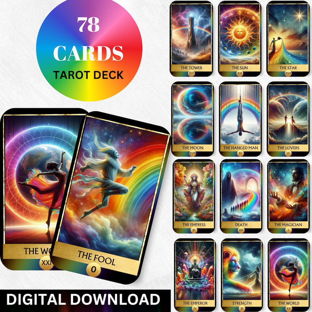 Digital Rainbow Tarot Deck Printable Tarot Cards 78 Colorful Tarot Cards Digital Oracle Cards ...