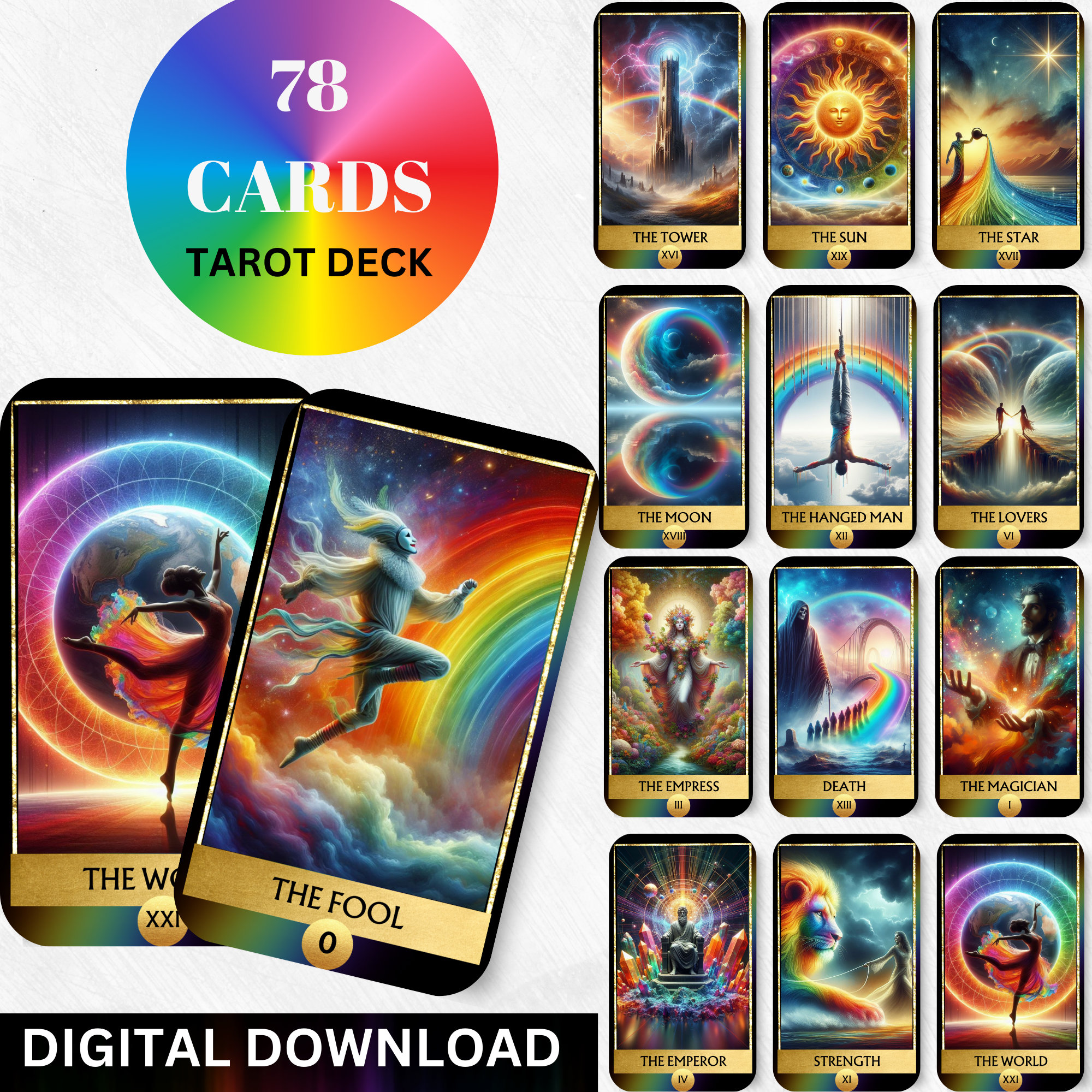 Digital Rainbow Tarot Deck Printable Tarot Cards 78 Colorful Tarot Cards Digital Oracle Cards ...