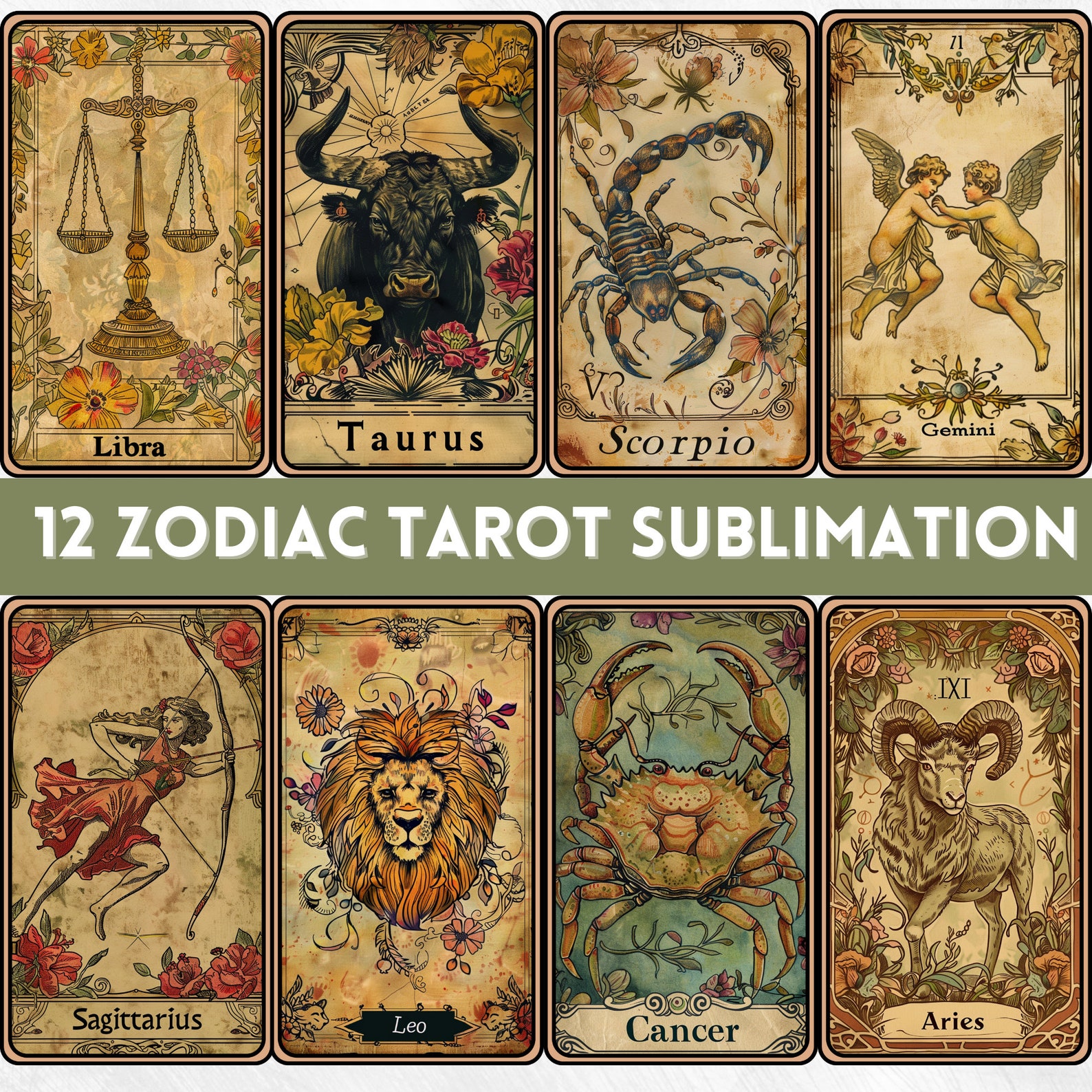 Digital Tarot Zodiac Collection Printable Gothic Zodiac Clipart Digital ...