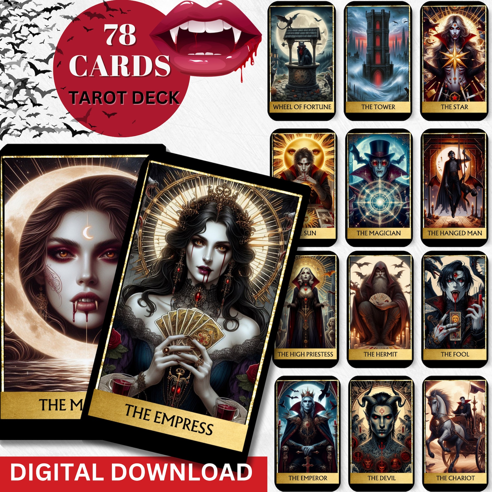 Digital Vampire Tarot Deck Printable Tarot Cards Horror 78 Tarot Cards ...
