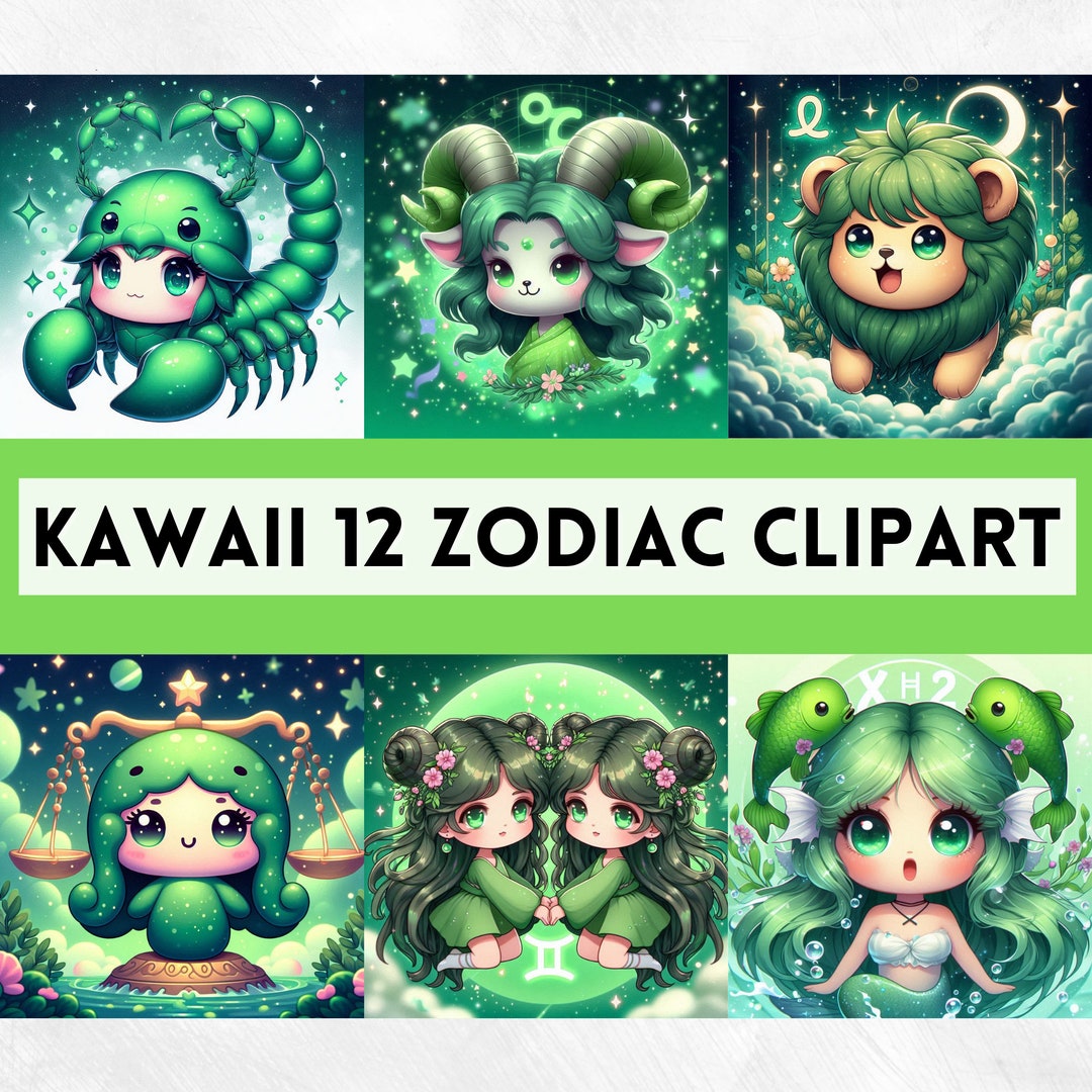 Digital Green Kawaii Zodiac Collection Printable Zodiac Clipart Digital ...