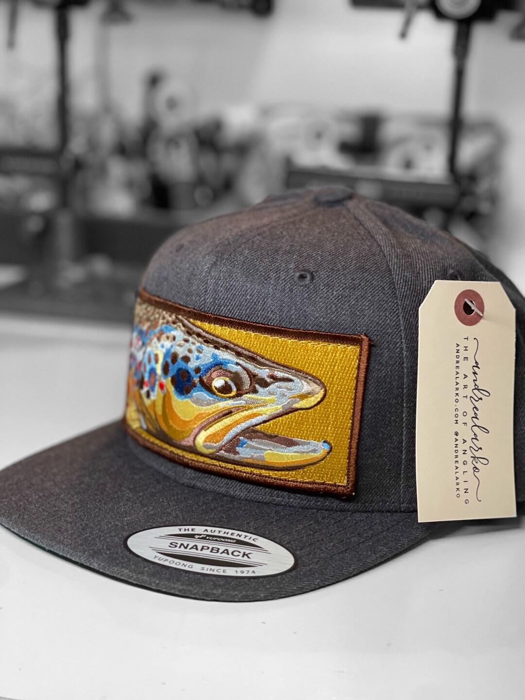 Embroidered Flat Brim Wool Blend Brown Trout Patch Slate Gray Snapback ...