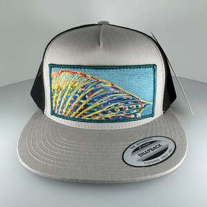 Embroidered Grayling Fin Patch Glacial Gray 5 Panel Trucker Snapback ...