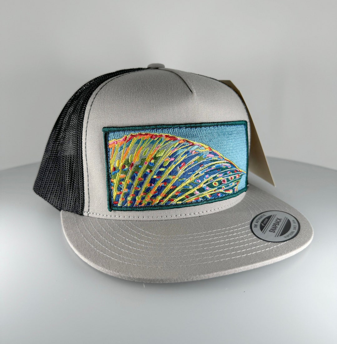 Embroidered Grayling Fin Patch Glacial Gray 5 Panel Trucker Snapback ...