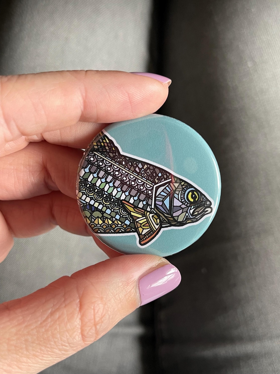 Grayling on Glacier Blue Collector Pin Fishing Pinback Button or Magnet ...