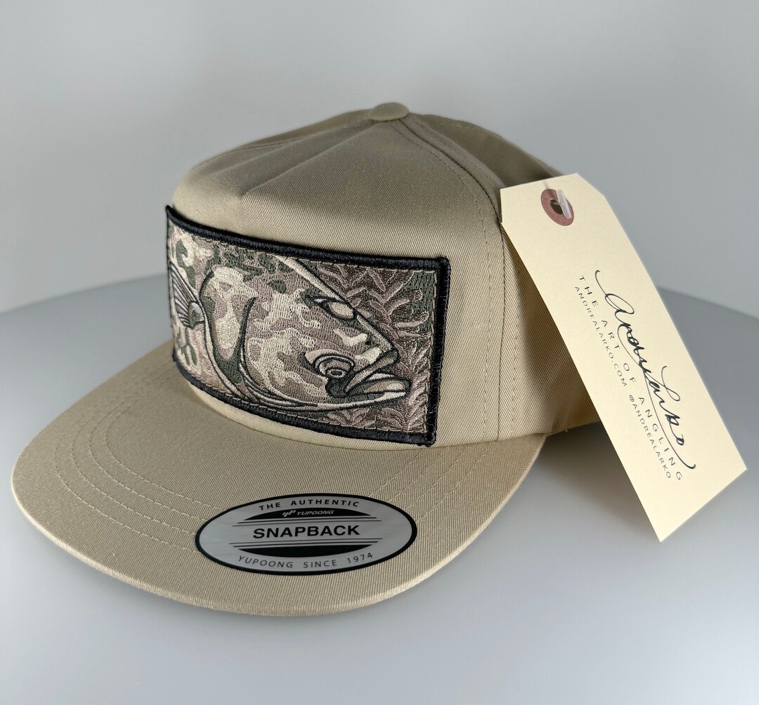Embroidered Halibut Patch Khaki 5 Panel Lightly Structured Snapback Hat ...