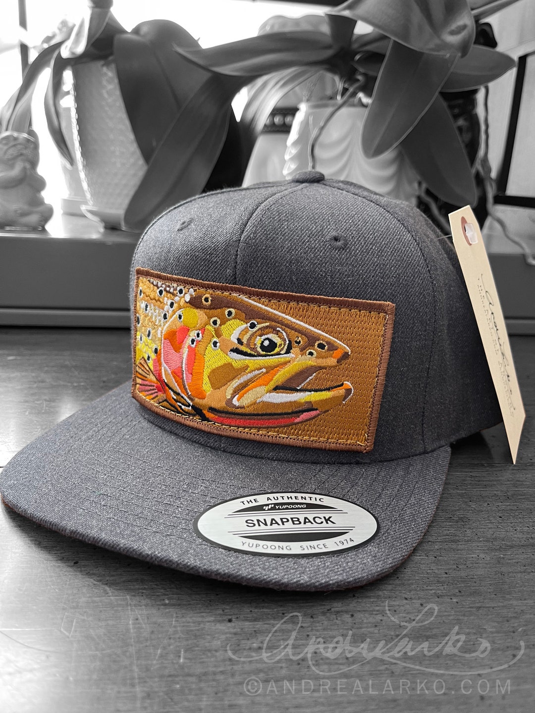 Embroidered Cutthroat Trout Patch Flat Brim Gray Wool Blend Snapback ...