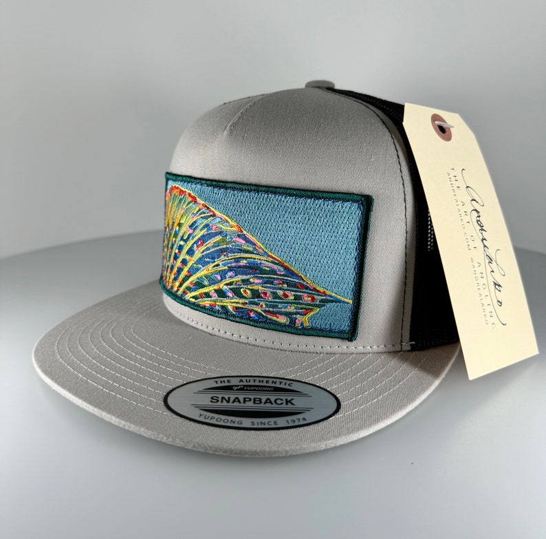 Embroidered Grayling Fin Patch Glacial Gray 5 Panel Trucker Snapback ...