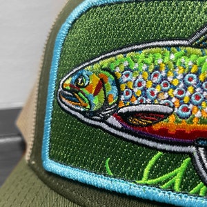 Embroidered Brook Trout Patch Olive 6 Panel Patch Trucker Snapback Hat ...