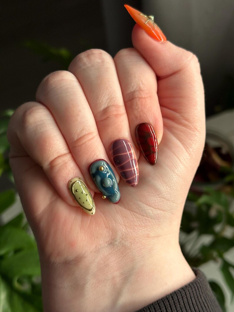 Handmade Eccentric Muted Colours Blooming Gel Aura Gold Chrome Gems ...