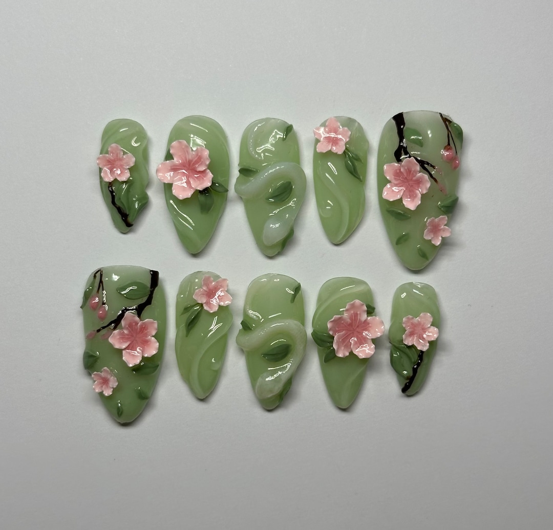 Green Pink 3D Sakura Cherry Blossom Snakes Flowers Almond Handmade ...