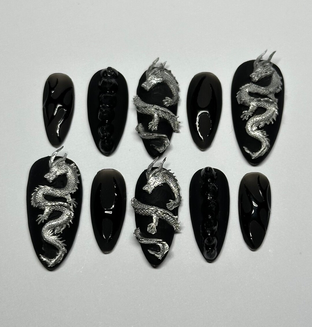 Matte Black 3D Silver Dragons Spikes Scales Gothic Almond Handmade ...
