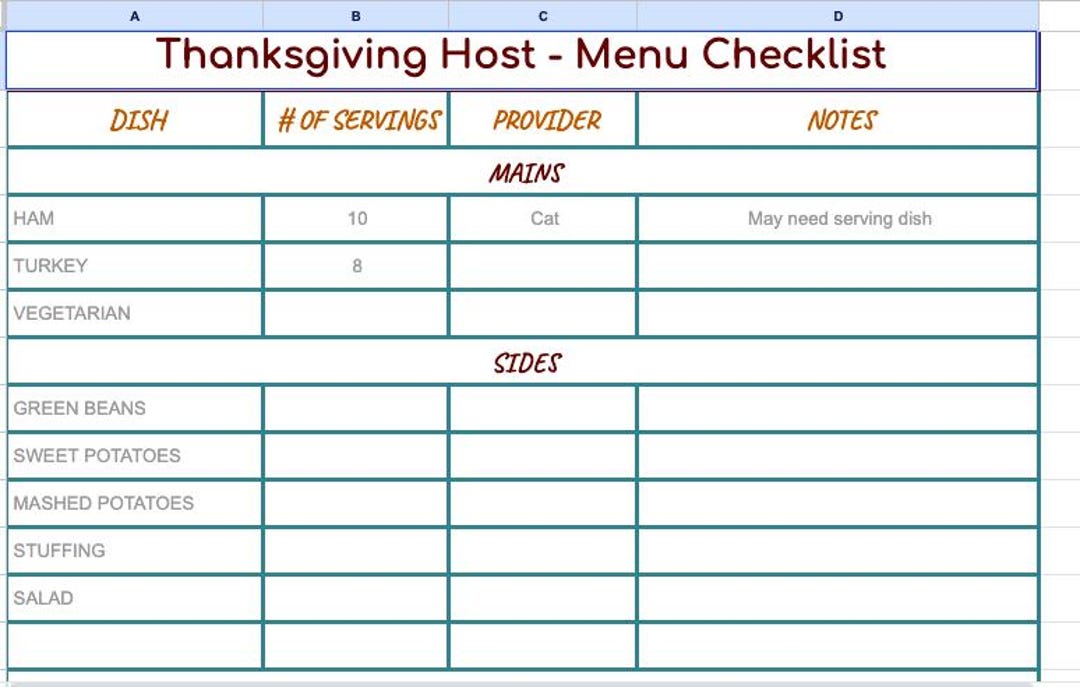 Thanksgiving Host Menu Checklist - Etsy