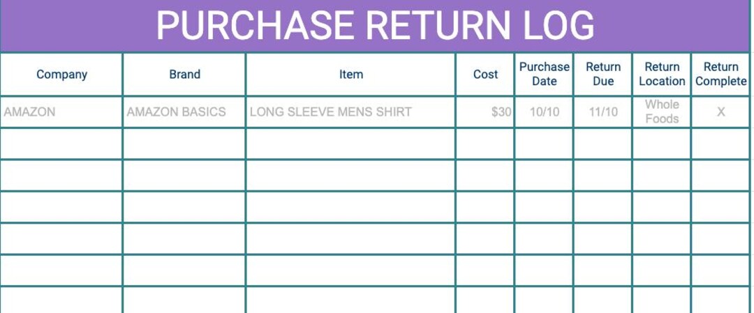 Purchase Return Log - Etsy