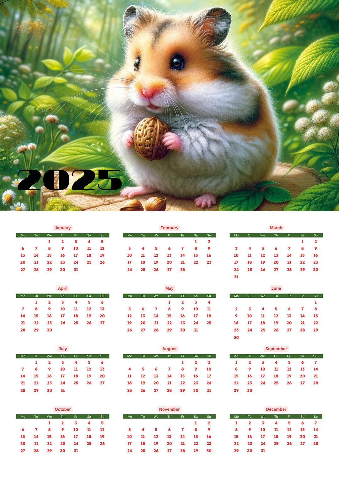 2025 Digital Hamster Calendar Printable Wall Calendar Cute ...