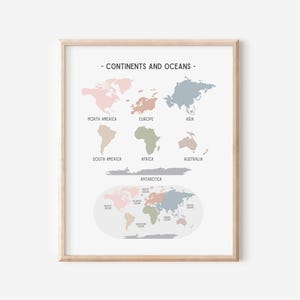 Set of 2 Pastel Geography Educational Posters, Continents Directions ...
