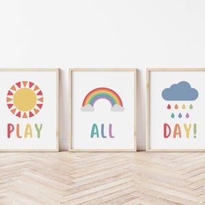 Play All Day Poster Set of 3, Let's Play Nursery Decor, Rainbow ...