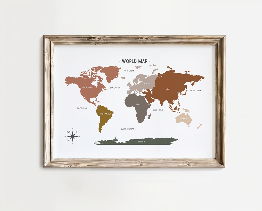 World Map Neutral Print, Educational Wall Art, Geography Homeschool ...