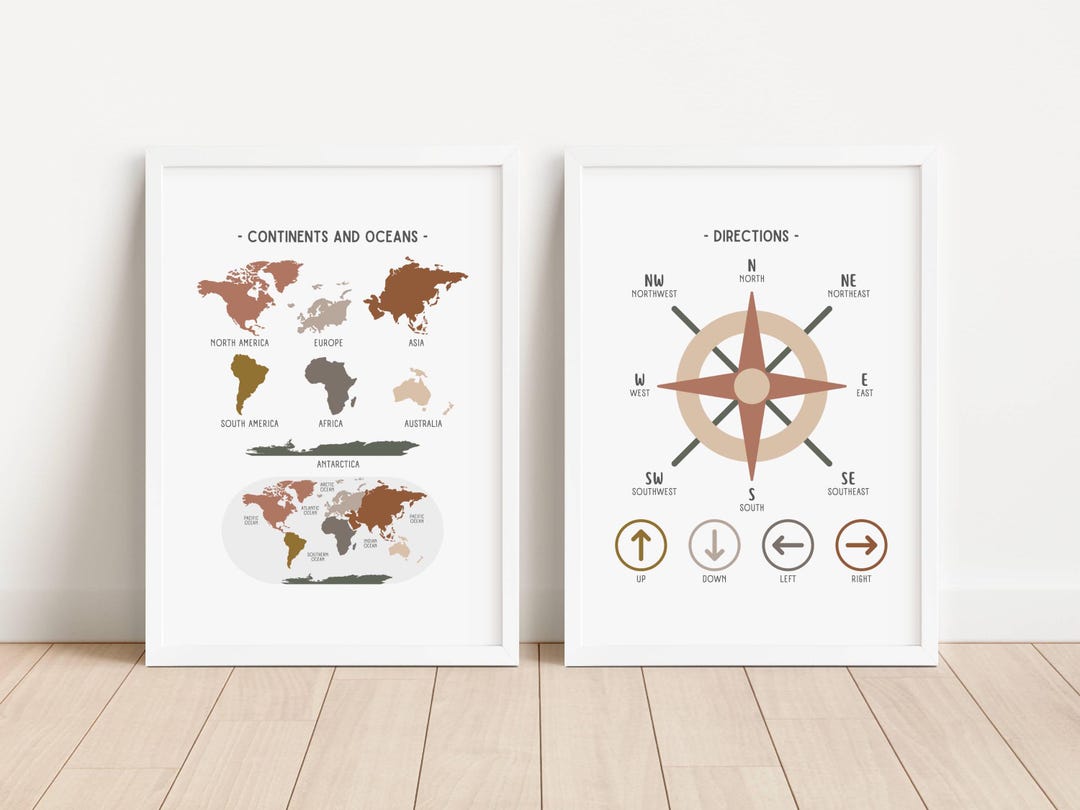 Set of 2 Neutral Geography Educational Posters, Continents Directions ...