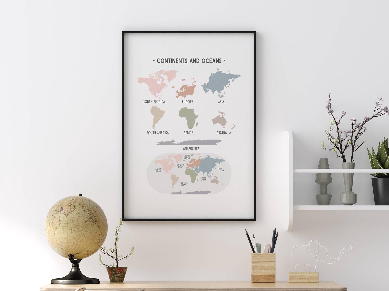 Continents Geography Pastel Poster, World Map Educational Wall Art ...