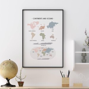 Continents Geography Pastel Poster, World Map Educational Wall Art ...