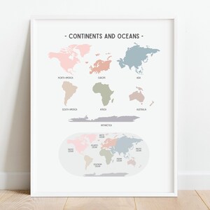 Continents Geography Pastel Poster, World Map Educational Wall Art ...