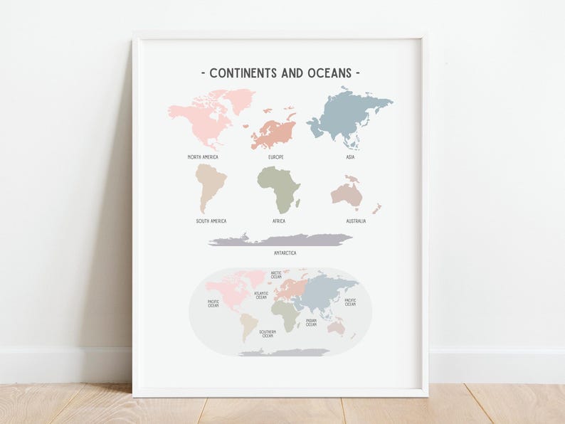 Continents Geography Pastel Poster, World Map Educational Wall Art ...