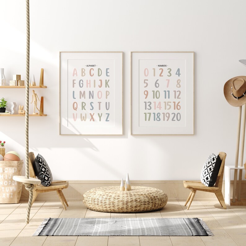 Set of 2 Alphabet Numbers Pastel Poster, Educational Wall Art ...