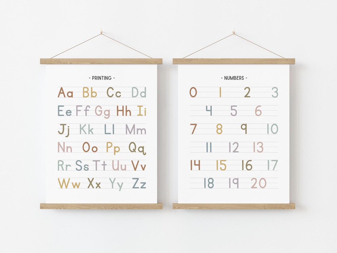 Set of 2 Handwriting Charts Alphabet Numbers Muted Rainbow Posters ...