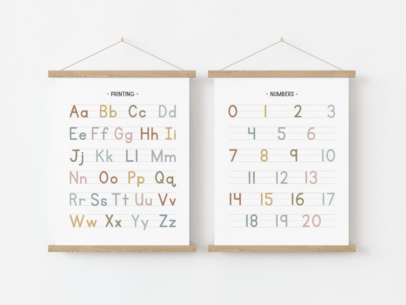 Set of 2 Handwriting Charts Alphabet Numbers Muted Rainbow Posters ...