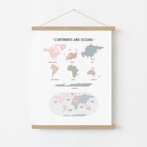 Continents Geography Pastel Poster, World Map Educational Wall Art ...