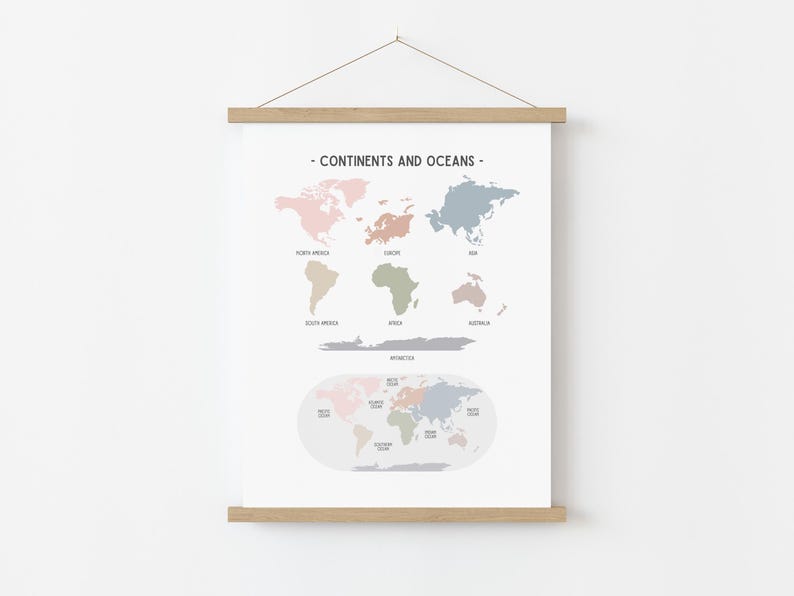 Continents Geography Pastel Poster, World Map Educational Wall Art ...