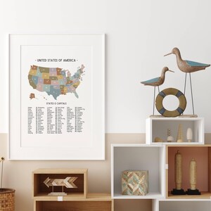 USA Map Educational Poster, Muted Rainbow United States Map, States and ...