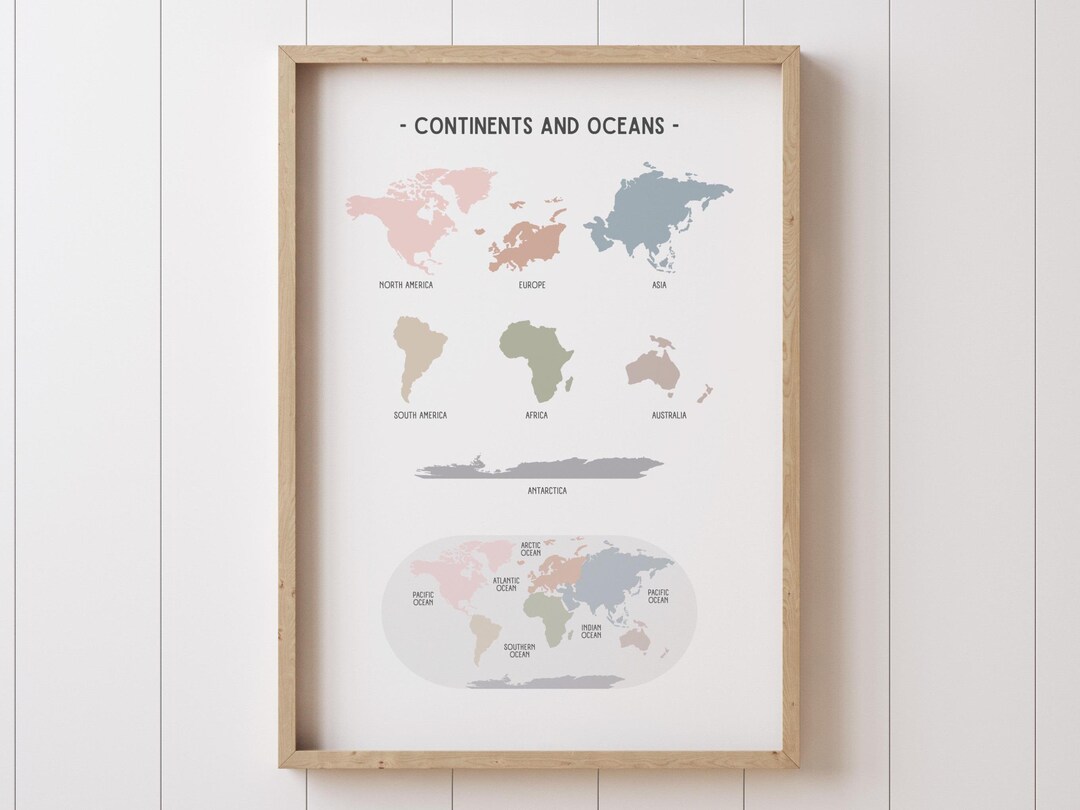 Continents Geography Pastel Poster, World Map Educational Wall Art ...
