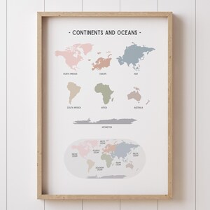 Continents Geography Pastel Poster, World Map Educational Wall Art ...